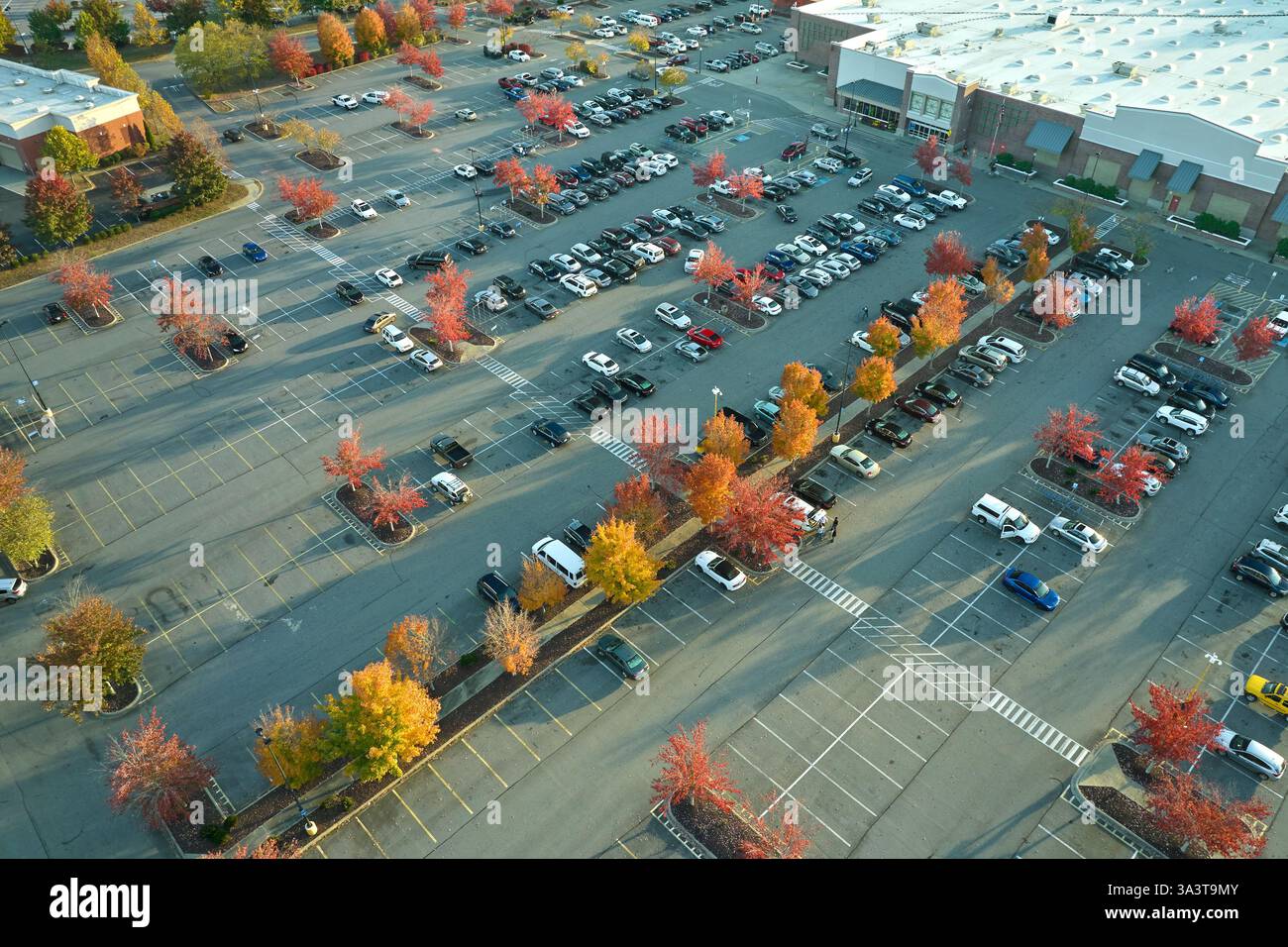 Aerial view grocery shopping mall and many colorful cars parked on ...