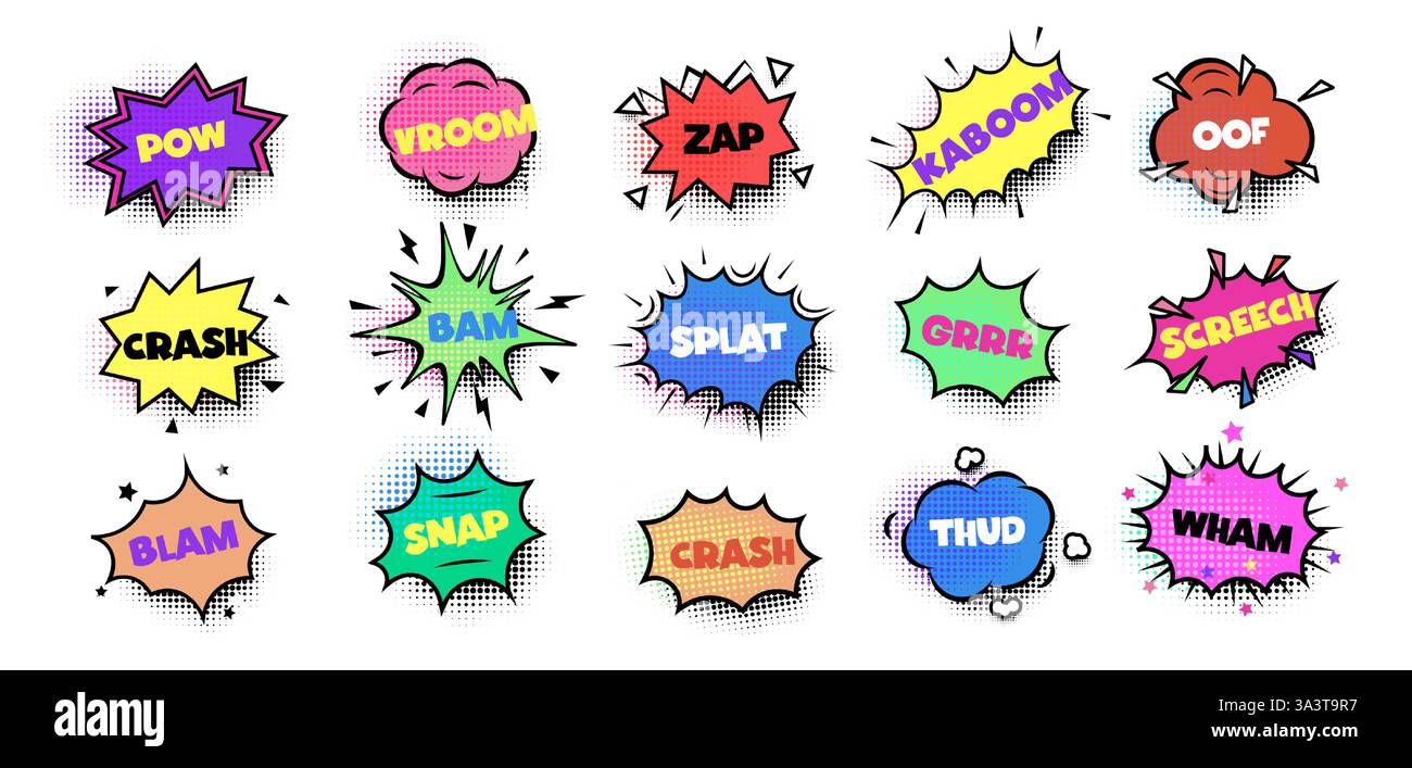 Comics speech bubbles, sound effects with dynamic typography for pop art, comics, cartoons ...