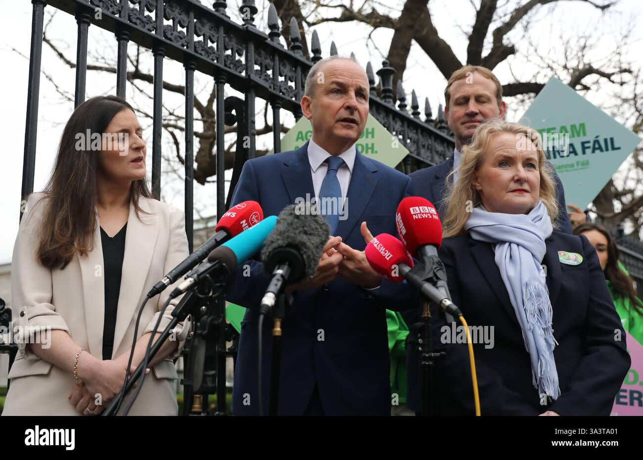 Tanaiste and leader of Fianna Fail Micheal Martin speaks to the media ...