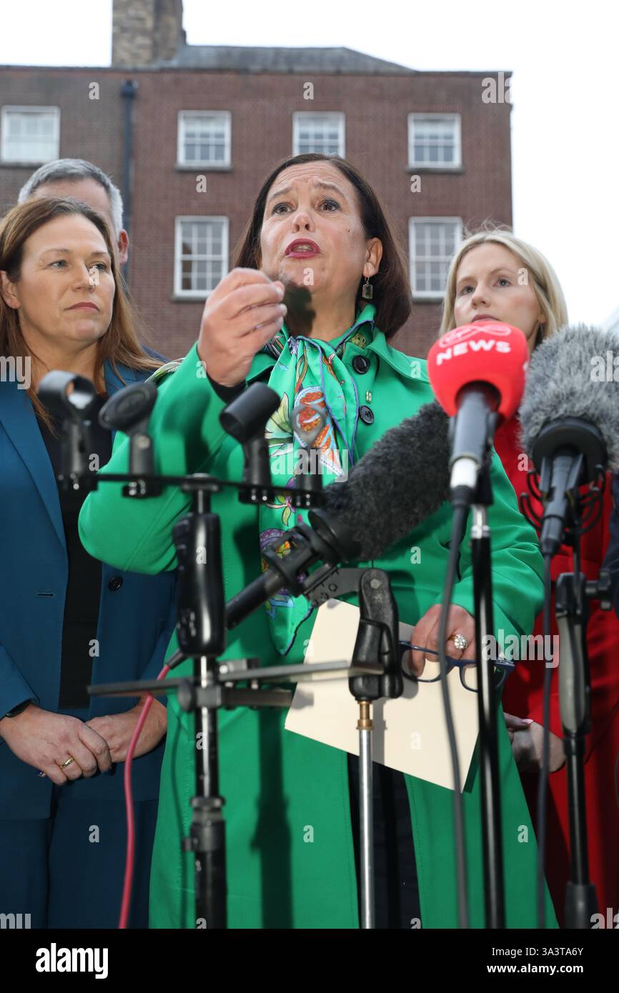 Sinn Fein President Mary Lou McDonald speaking to the media on Merrion ...