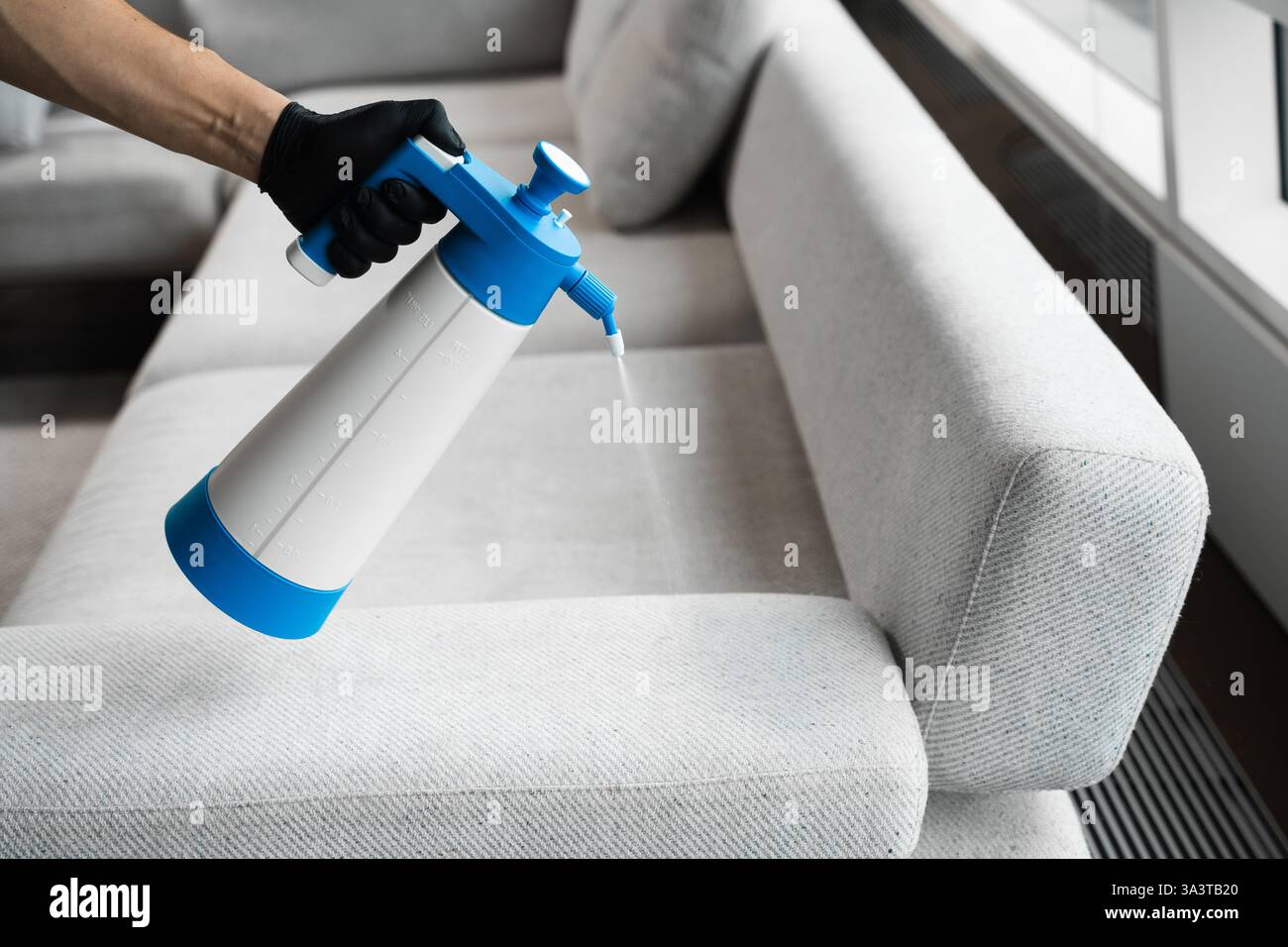Cleaning upholstered furniture with spraying detergent. Cleaner is ...