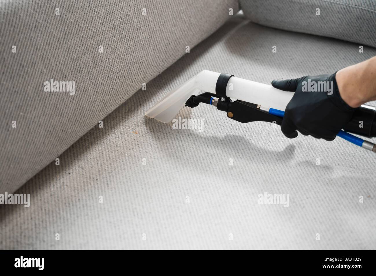 Cleaner is dry-cleaning sofa using extractor machine with detergent ...
