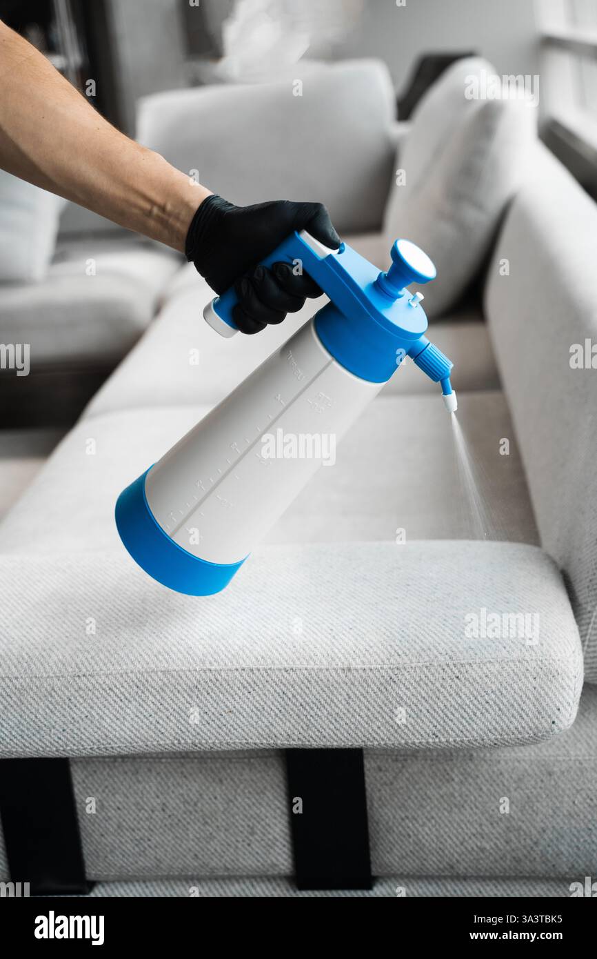 Cleaning upholstered furniture with spraying detergent. Cleaner is ...