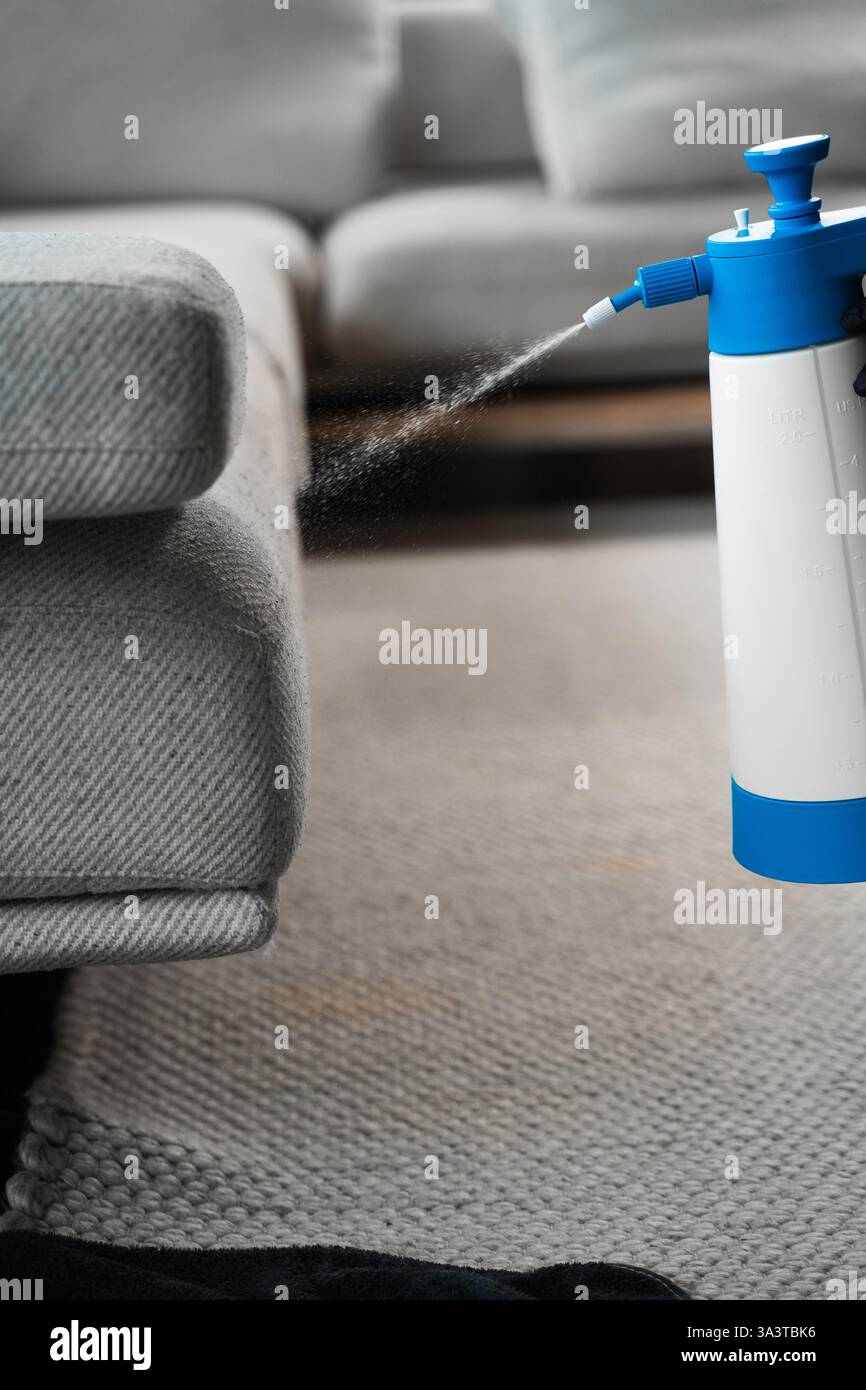 Cleaning furniture at home with spray detergent. Spraying detergent to ...