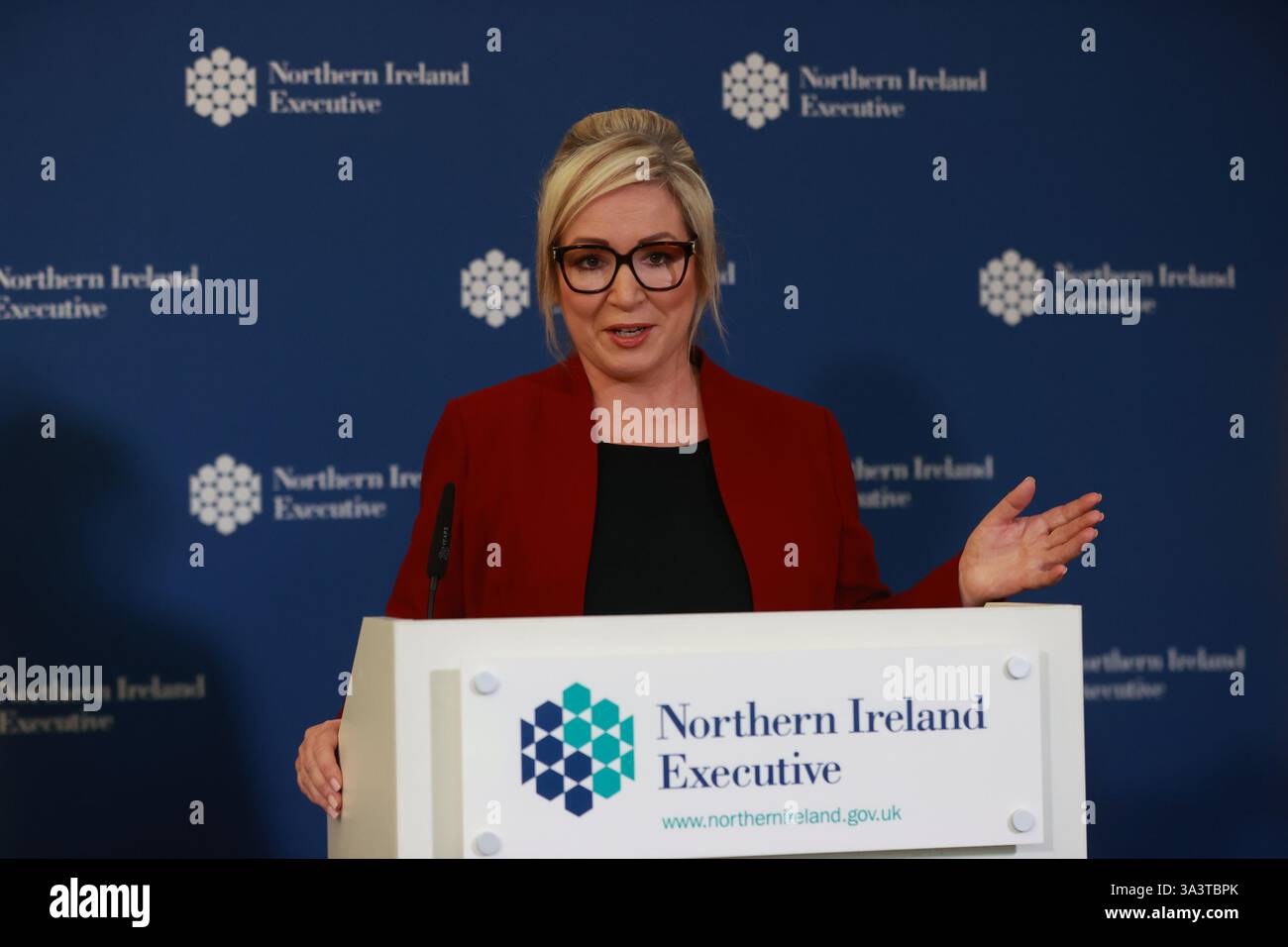 First Minister of Northern Ireland Michelle O'Neill speaks during a ...