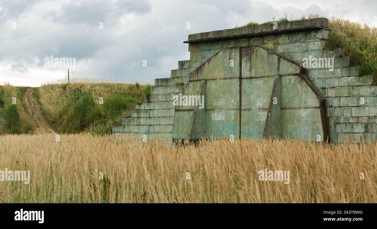 Abandoned cold war Soviet era concealed military aircraft hangar, Mimoň ...