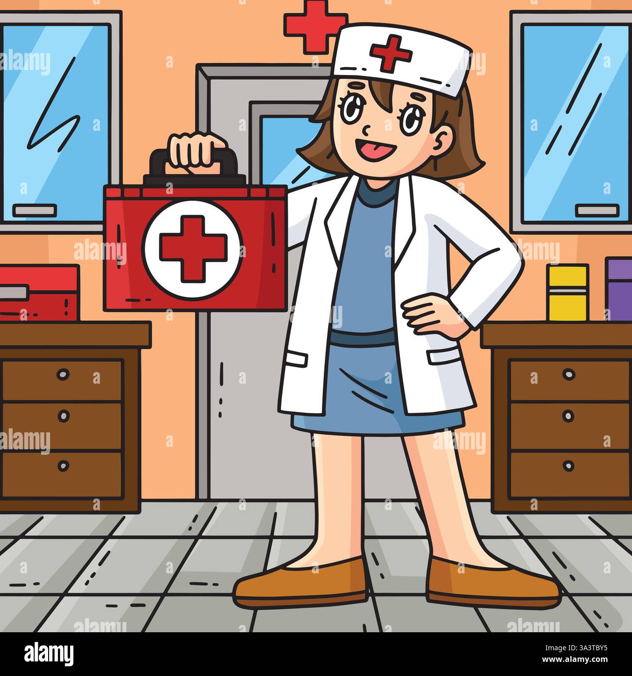 Female Doctor with First Aid Kit Colored Cartoon Stock Vector Image ...