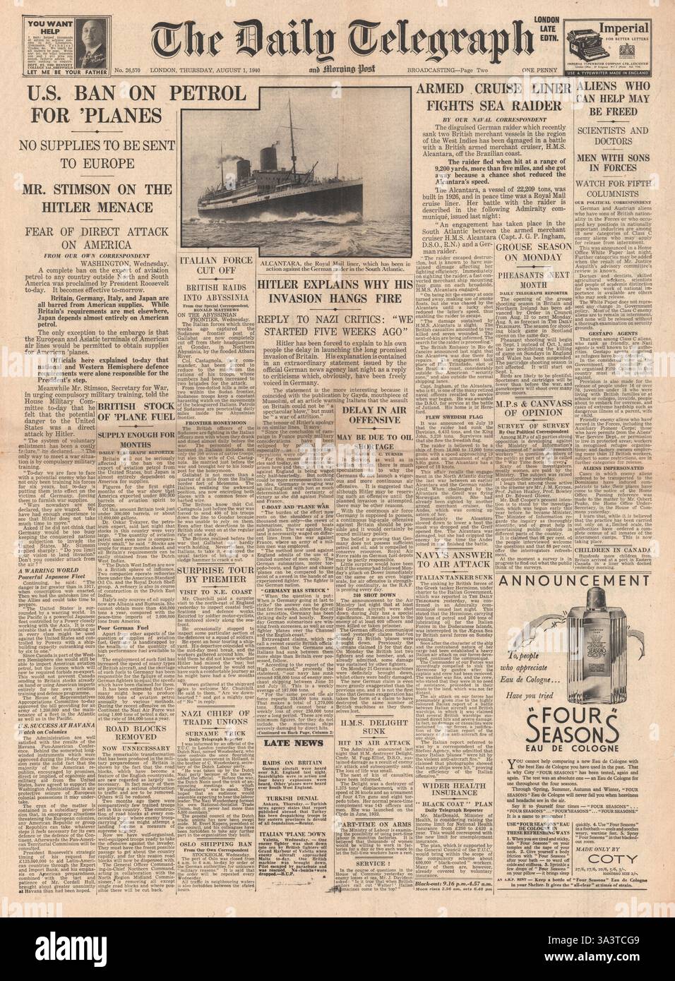 1940 front page Daily Telegraph Merchant Cruiser Alcantara Chases ...