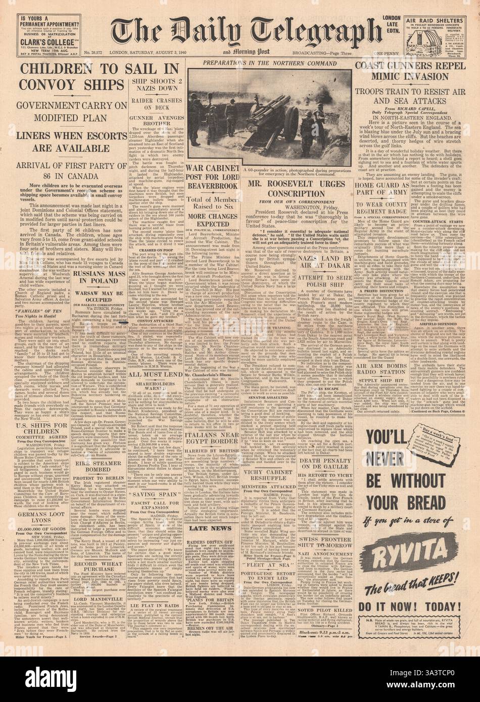 1940 front page Daily Telegraph More Children to be evacuated overseas Stock Photo - Alamy