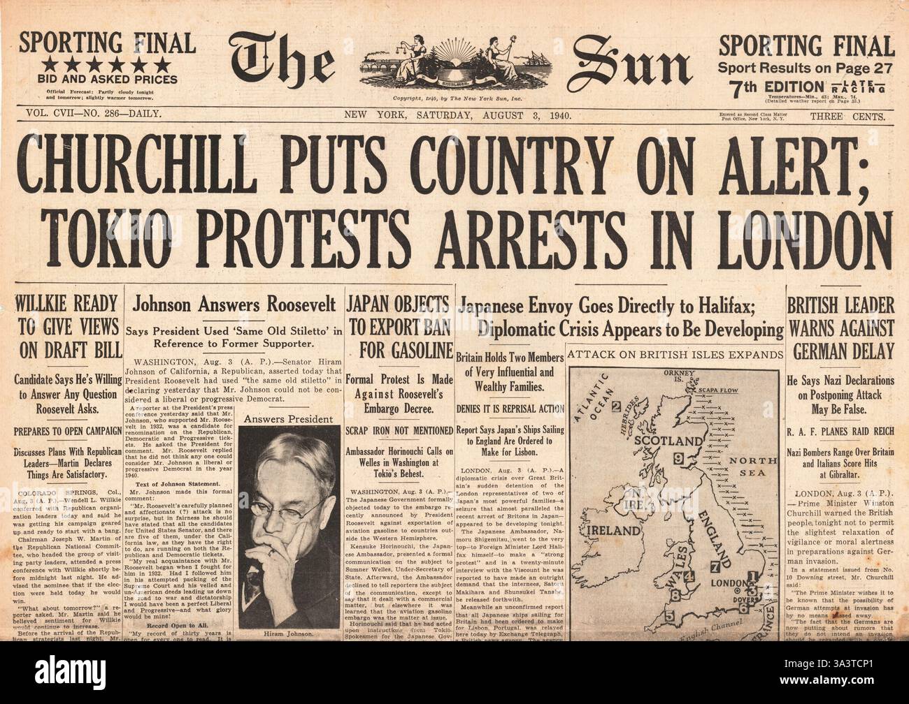 1940 front page The Sun (New York) Churchill Puts Country On Alert ...