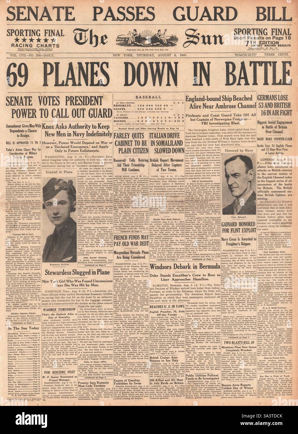1940 front page The Sun (New York) RAF and Luftwaffe Battles Over ...