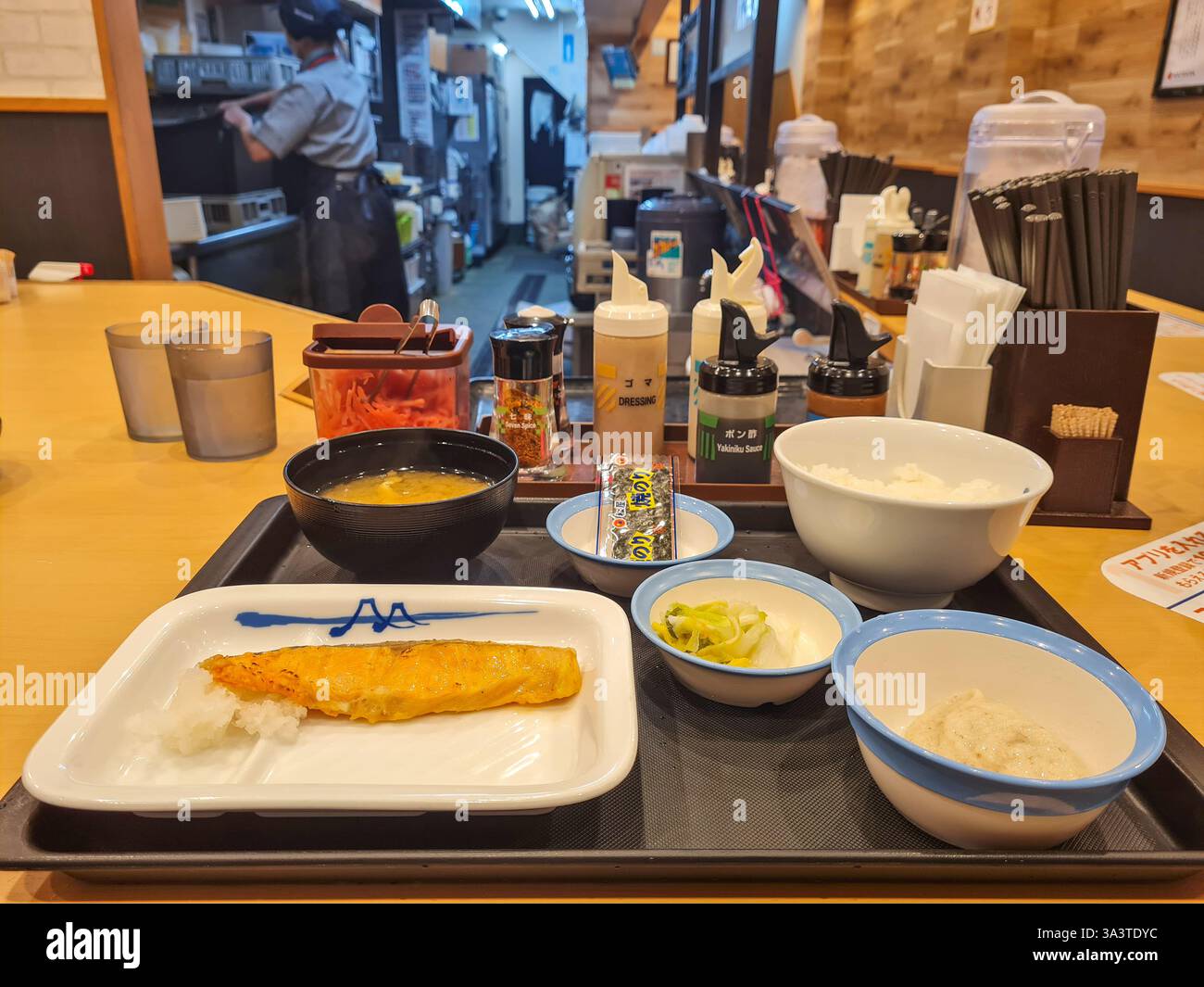 Grilled salmon set meal at a Japanese fast food restaurant in Tokyo ...