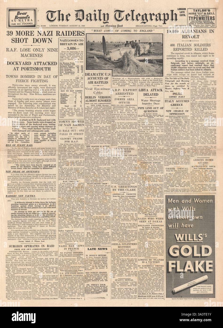 1940 front page Daily Telegraph Air Battles Between RAF and Luftwaffe ...