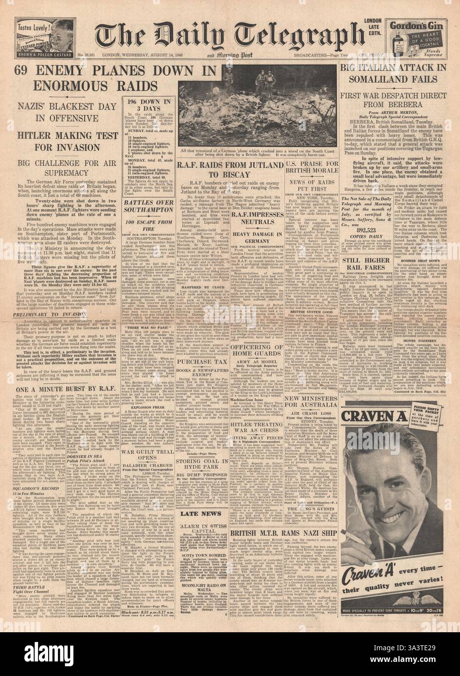 1940 front page Daily Telegraph Air Battles Between RAF and Luftwaffe ...
