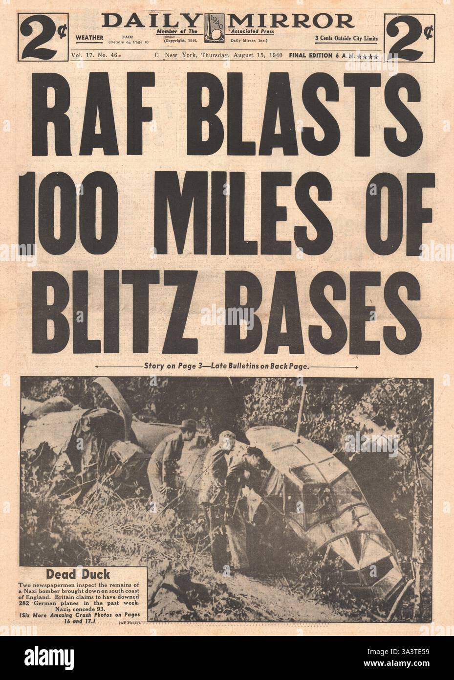 1940 front page Daily Mirror (New York) RAF Bomb German and Italian ...
