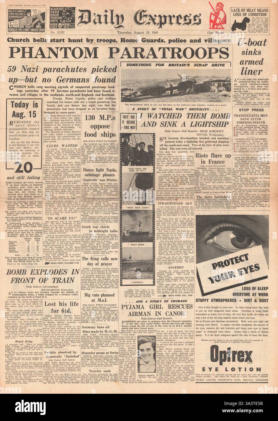 1940 front page Daily Express Church Bells Ring In False Alarm of ...