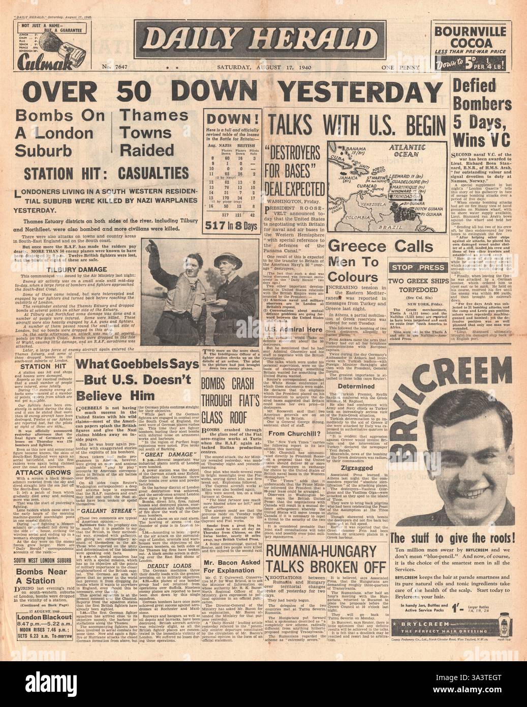 1940 front page Daily Herald Air Raids Over London and the South East ...