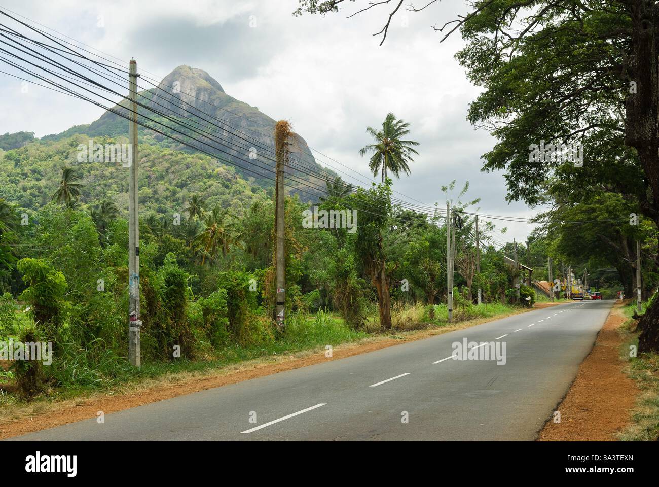 Country road with a tropical jungle covered mountain in the background ...