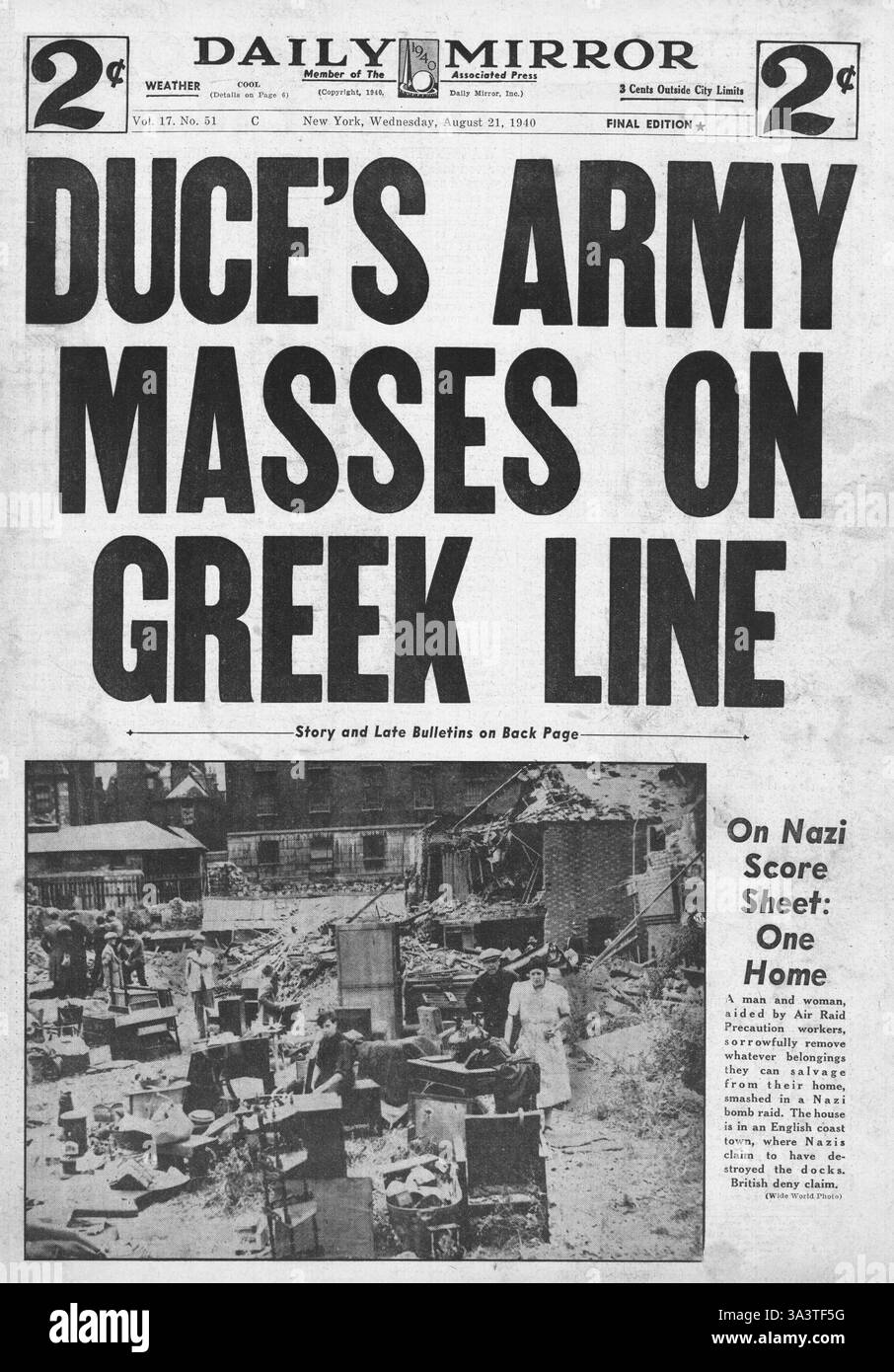 1940 front page Daily Mirror (New York) Italian army mass on Greek ...