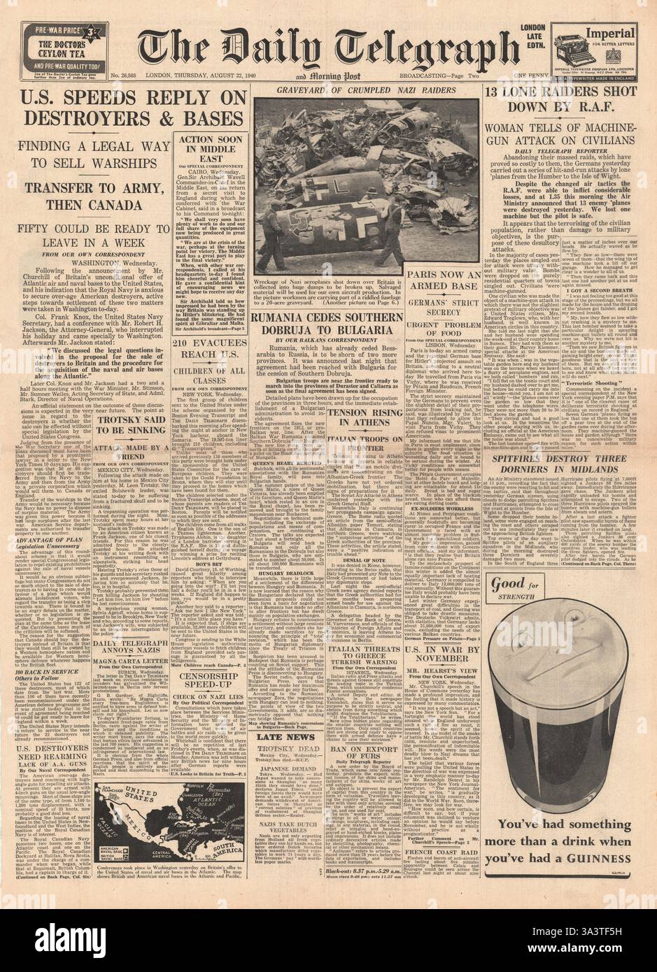 1940 front page Daily Telegraph leasing of British bases to the U.S ...