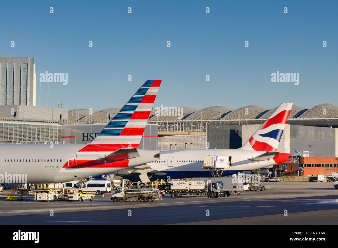 London, England, UK - 3 January 2025: Tail fins of passenger jets ...