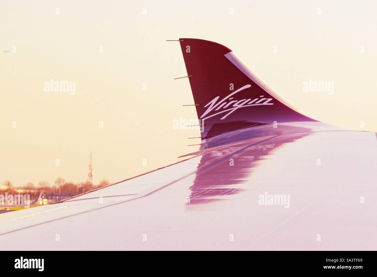 London, England, UK - 3 January 2025: Curved winglet on the wing tip of an Airbus A330-900 jet ...