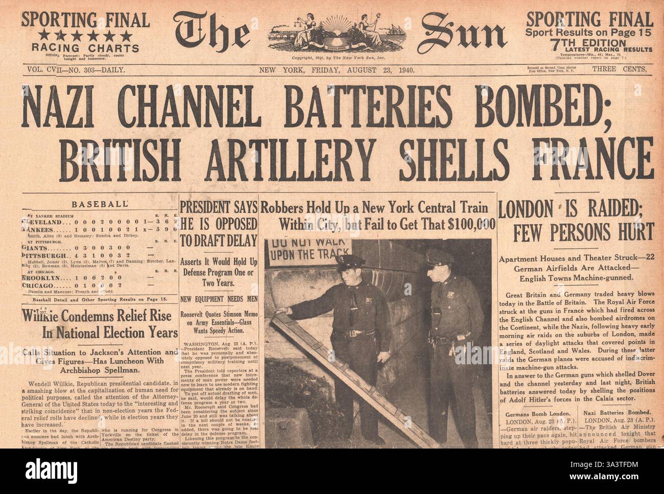 1940 front page The Sun (New York) British guns shell German positions ...