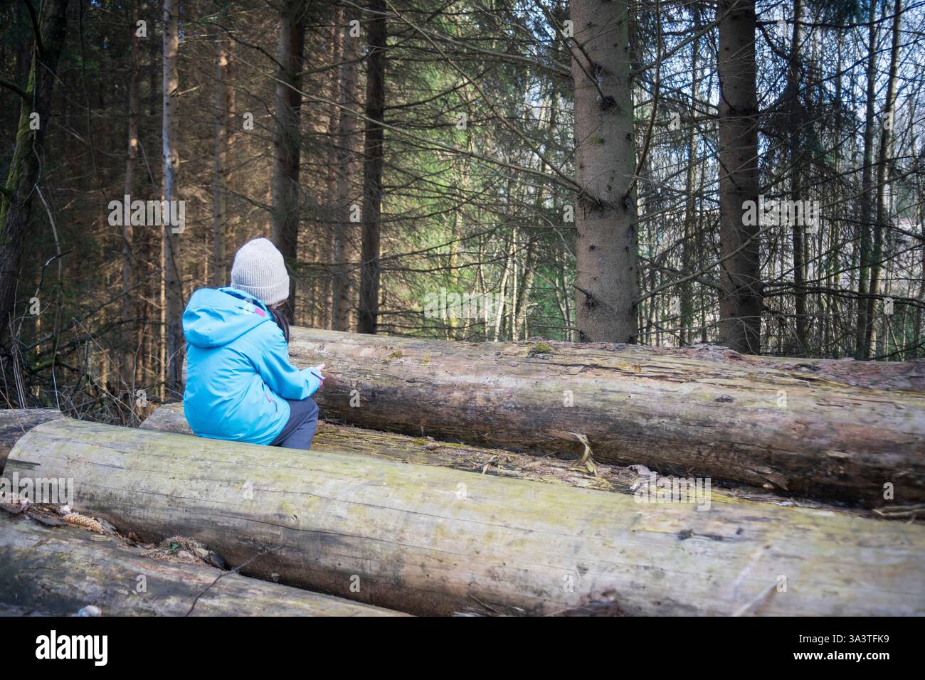A child sitting on a log in the woods. The concept of children's ...