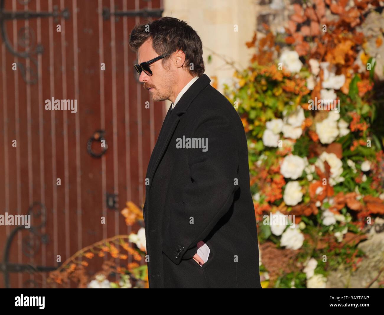 Former One Direction band member Harry Styles after the funeral service ...