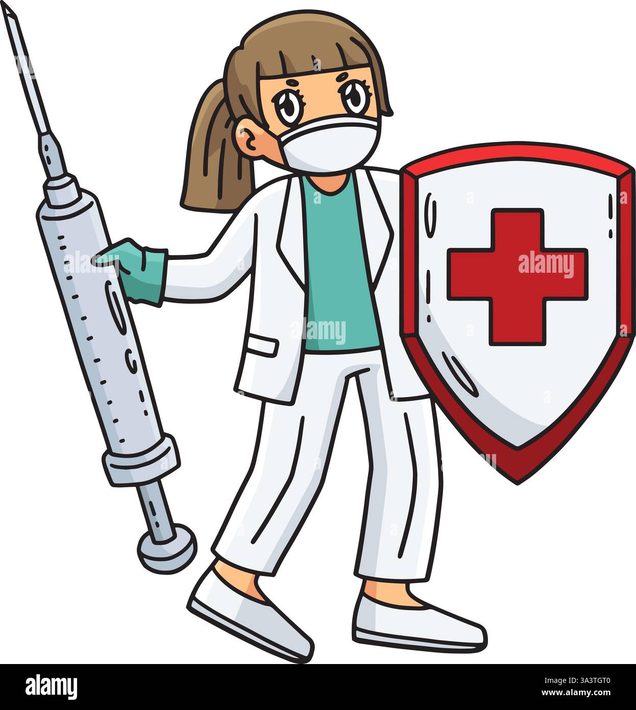 Female Doctor Holding Shield and Syringe Clipart Stock Vector Image ...