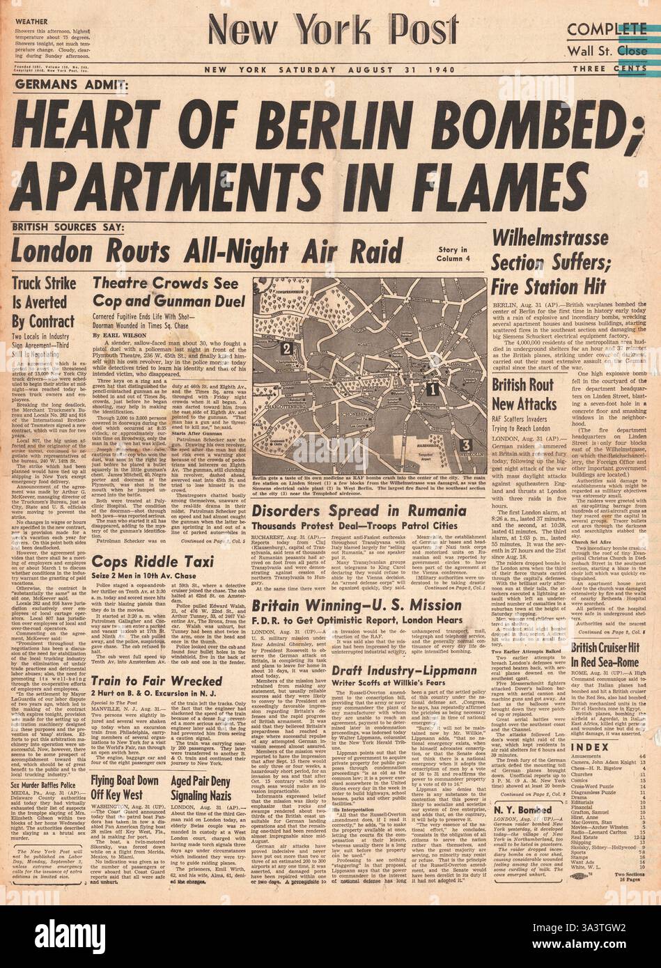 1940 front page New York Post RAF bombing raids on Berlin Stock Photo ...