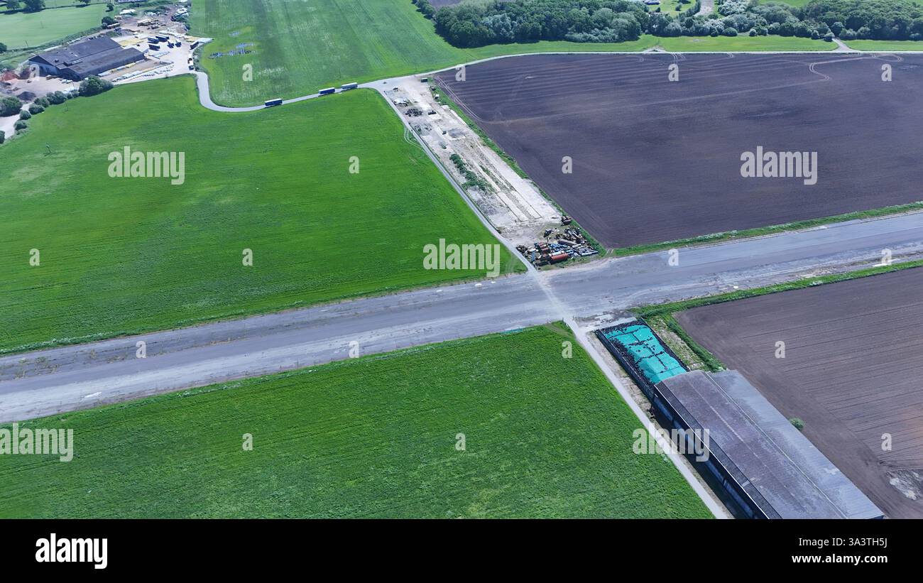 aerial view of RAF Melbourne forma ww2 military airfield main runway ...