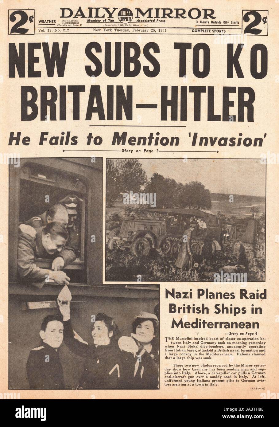 1941 front page Daily Mirror (New York) Hitler threatens new U-Boat war ...