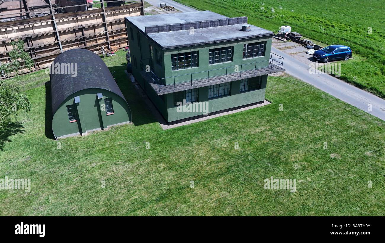 aerial view of RAF Melbourne control tower forma ww2 military airfield ...