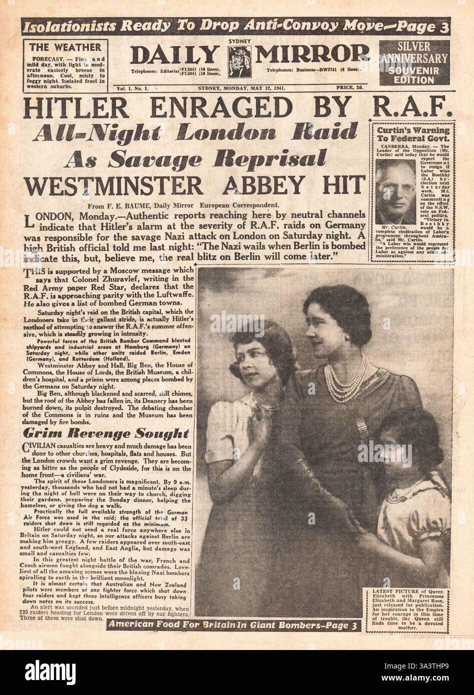 1941 front page Daily Mirror (Sydney) Hitlers rage over RAF bombing ...