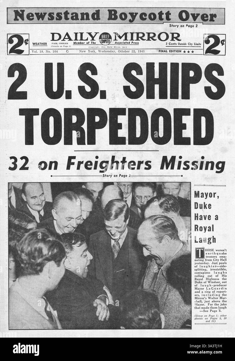 1941 front page Daily Mirror (New York) Two U.S. Ships Torpedoed Stock ...