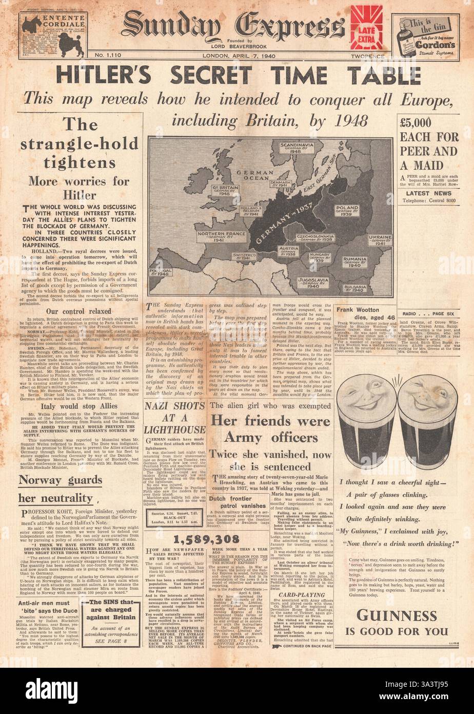 1940 sunday express hitlers plan to conquer europe hi-res stock ...