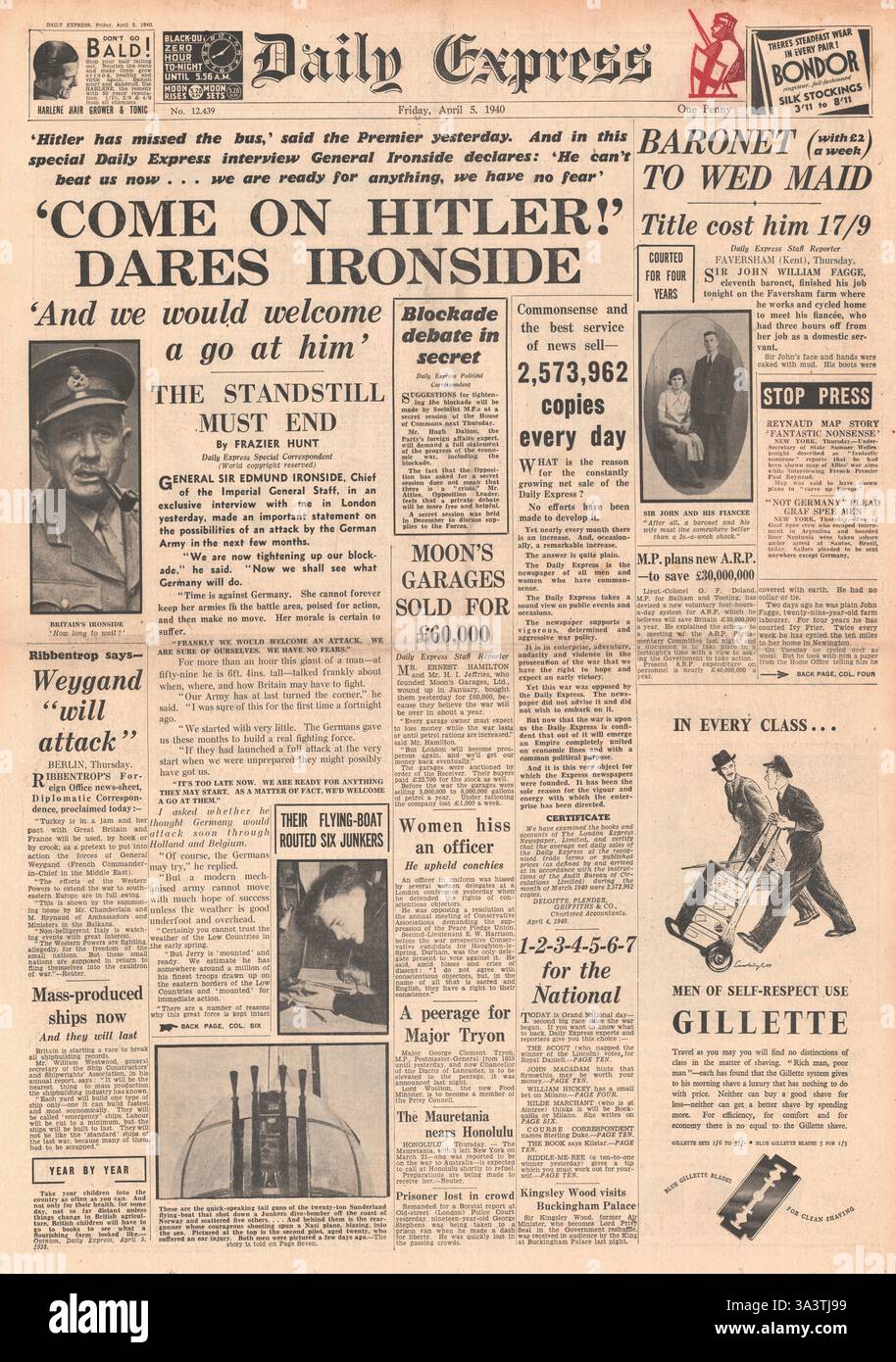 1940 front page Daily Express General Sir Edmund Ironside dares Hitler ...