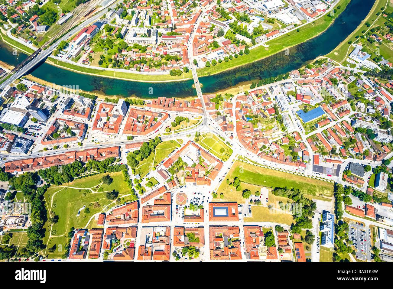 Town of Karlovac and Kupa river green nature aerial papnoramic view ...