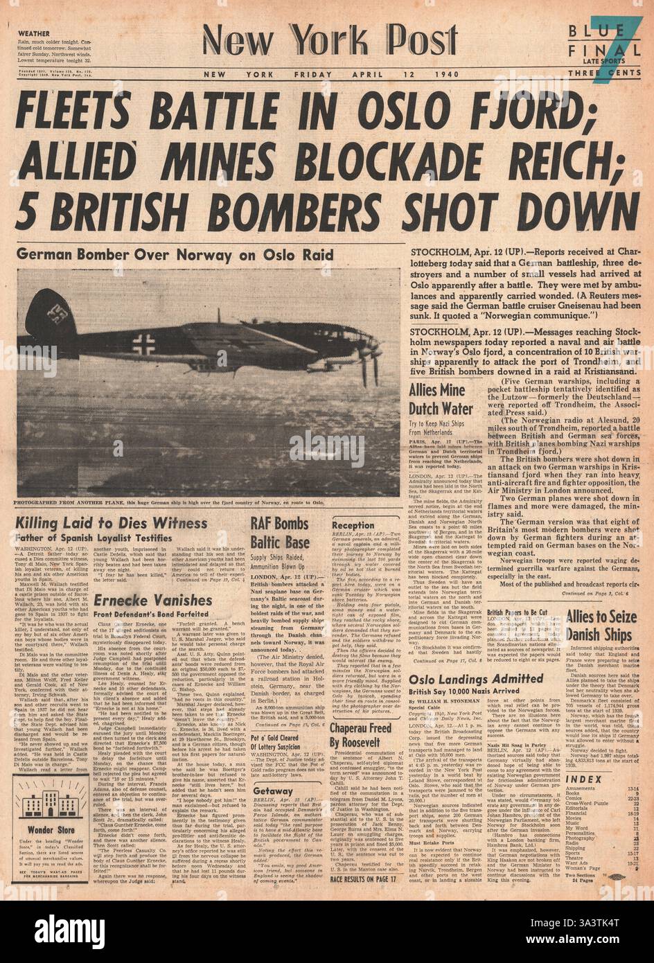 1940 front page New York Post Battle for Norway Stock Photo - Alamy