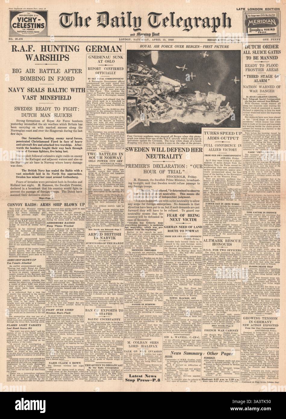 1940 front page Daily Telegraph RAF hunting German warships off Norway ...