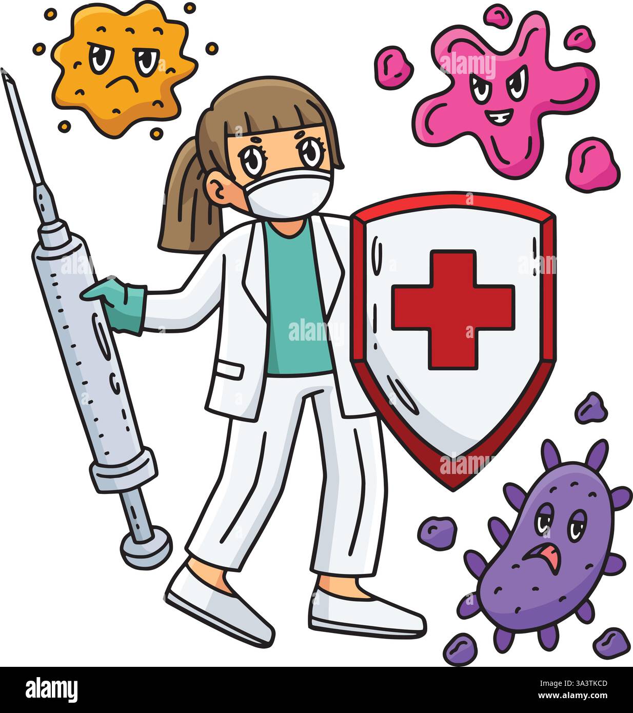 Female Doctor Holding Shield and Syringe Clipart Stock Vector Image ...