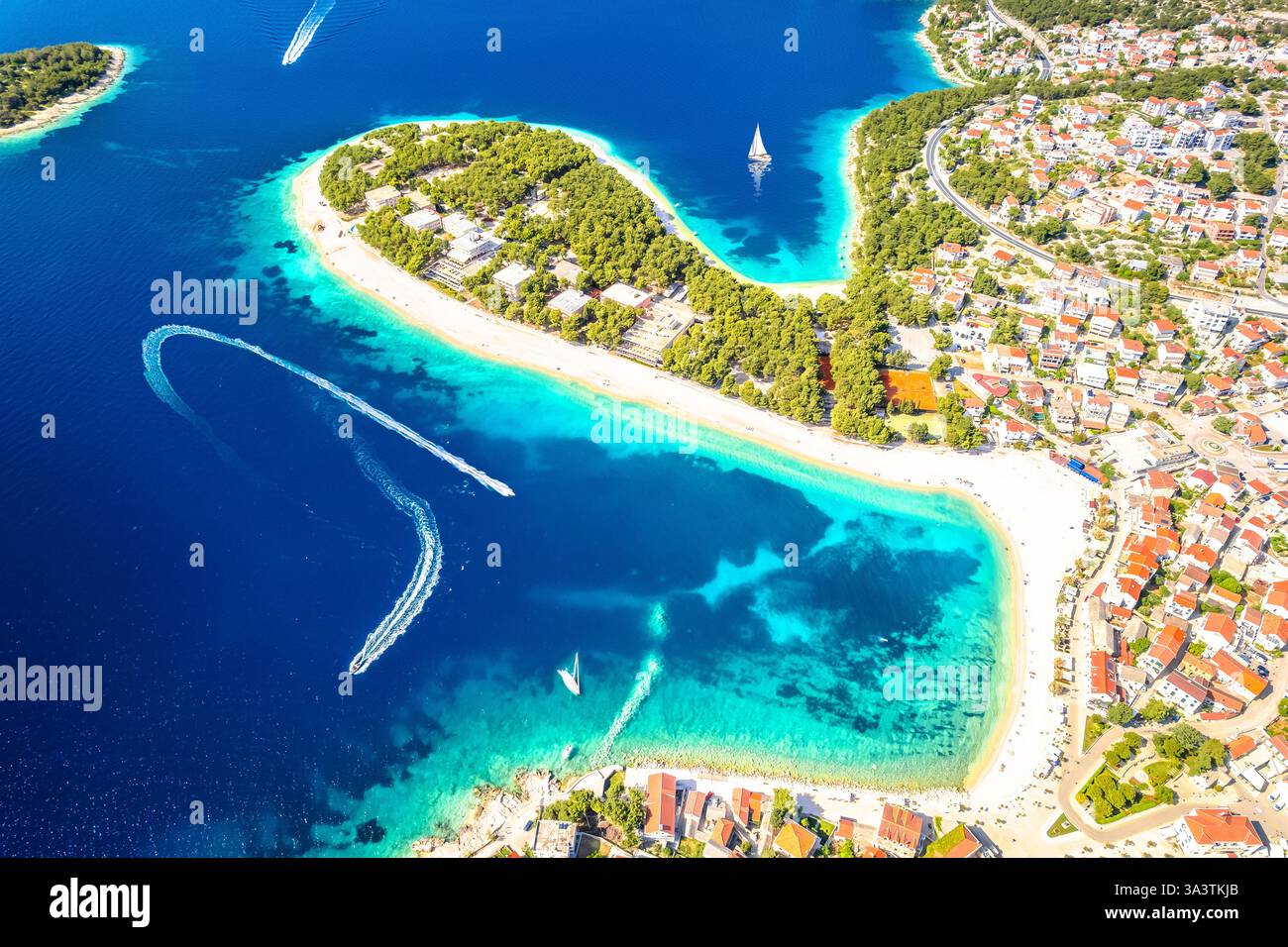 Scenic town and beaches of Primosten aerial view, turquoise archipelago ...