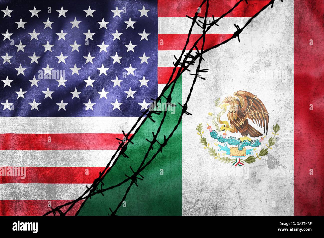 Grunge flags of USA and Mexico divided by barb wire illustration ...