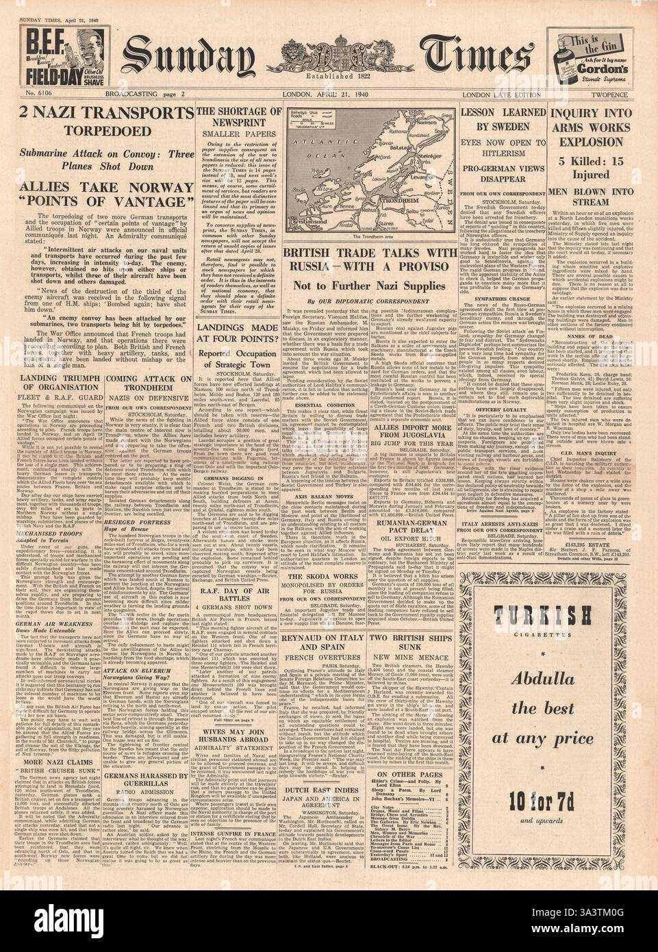 1940 front page Sunday Times German transport ships sunk off Norway by ...