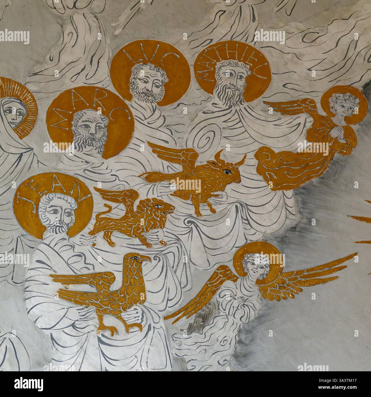 Modane, FRANCE - 07–27-2024: Fresco of The four evangelists: Luke and ...