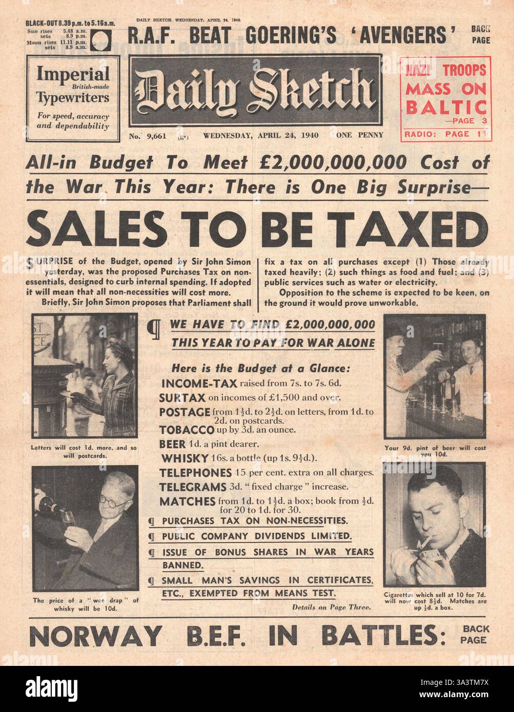1940 front page Daily Sketch Chancellor Sir John Simon announces Budget ...