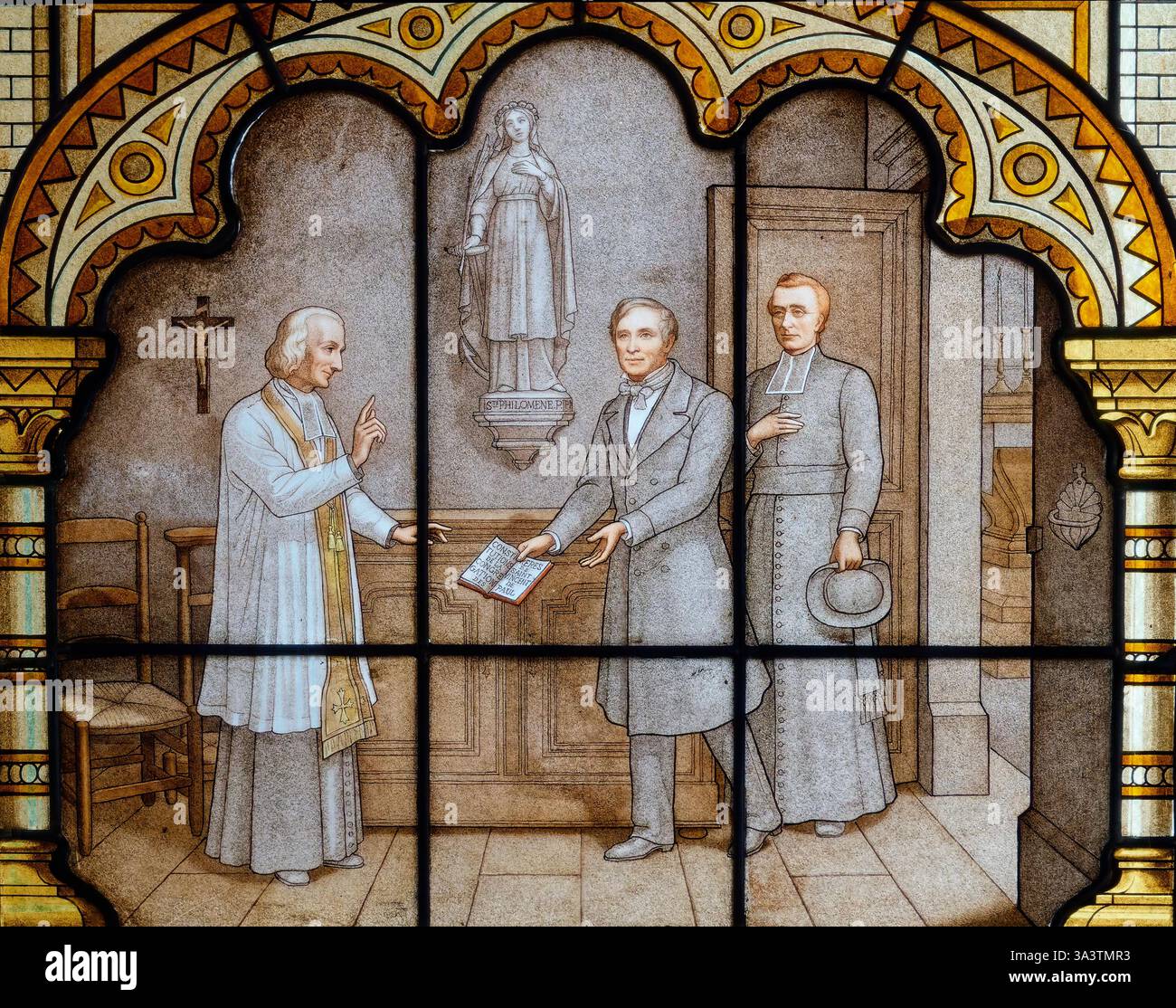 Paris, FRANCE - 08–03-2024: Stained glass (19th century) of St. John Mary Vianney or Saint Jean ...