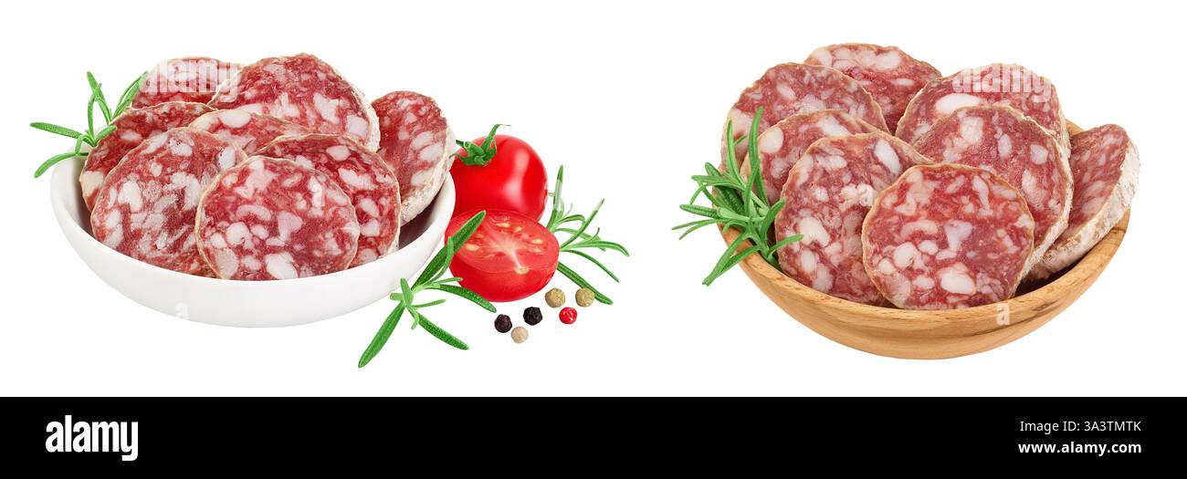 Cured salami sausage in ceramic and wooden bowl isolated on white ...