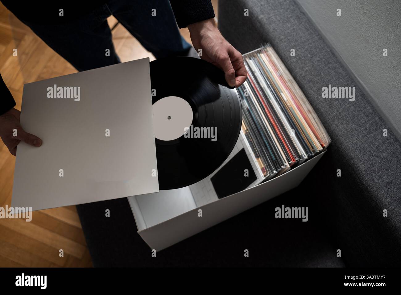 Collection of vintage vinyl records at home. Vinyl music lover is ...